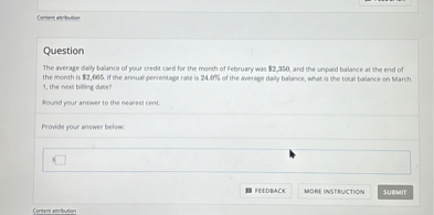 Question The average daly balance of your credit card for the month of ...