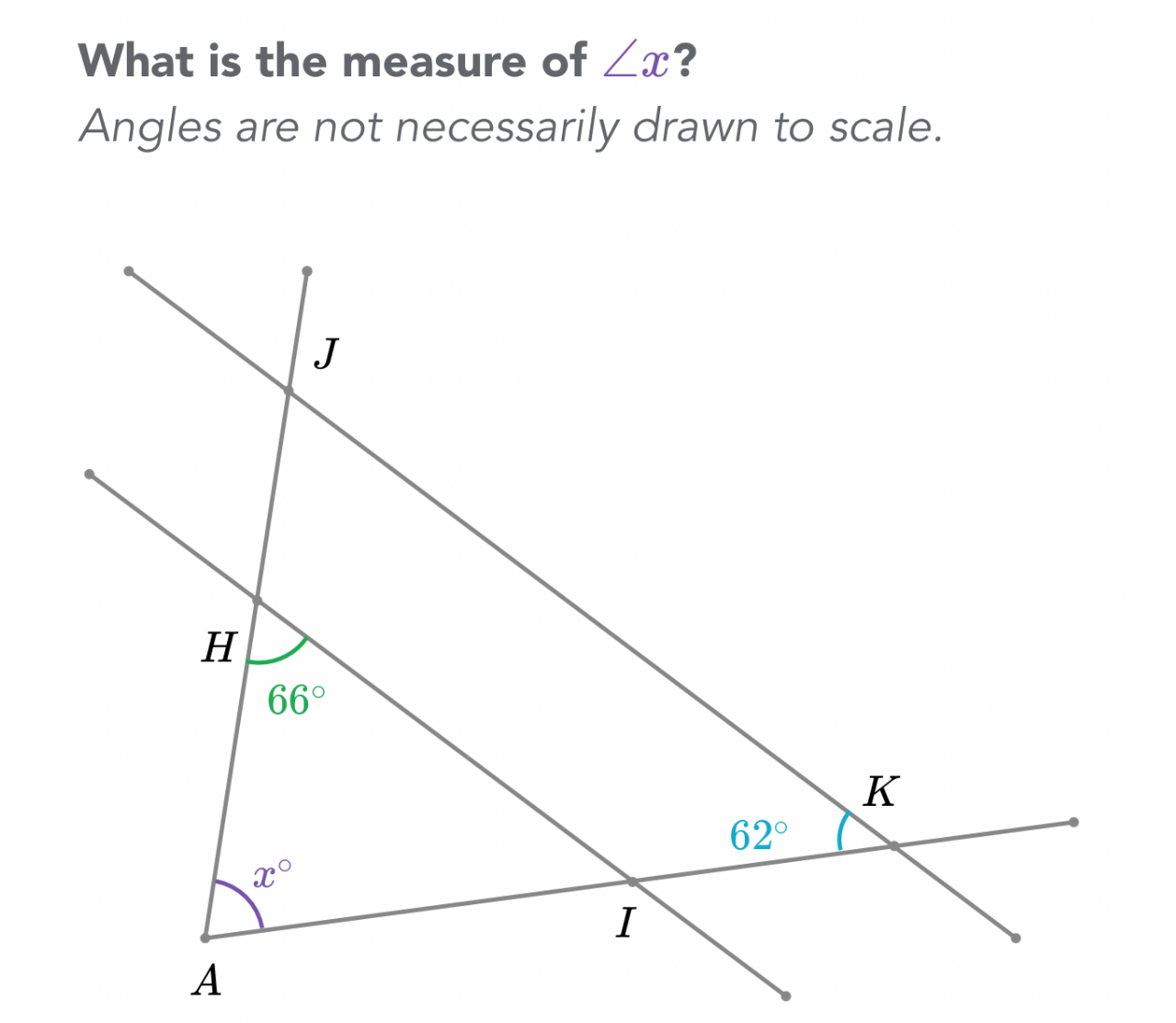 SOLVED: What is the measure of ∠ x ? Angles are not necessarily drawn to scale.