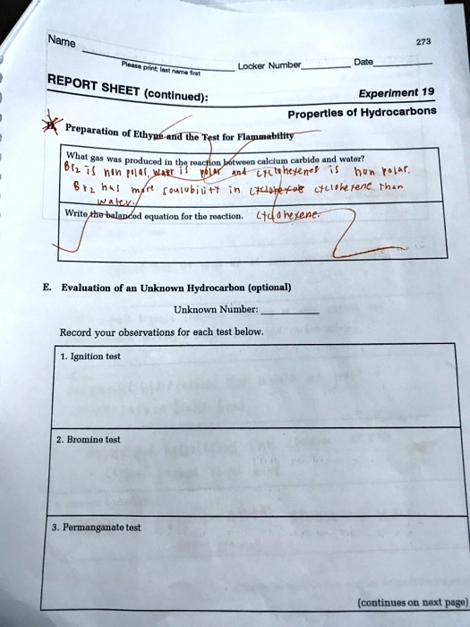 SOLVED: Locker Yumbe reporT SHEET (continued): Experiment 19 Propertles ol Hydrocarbone ...