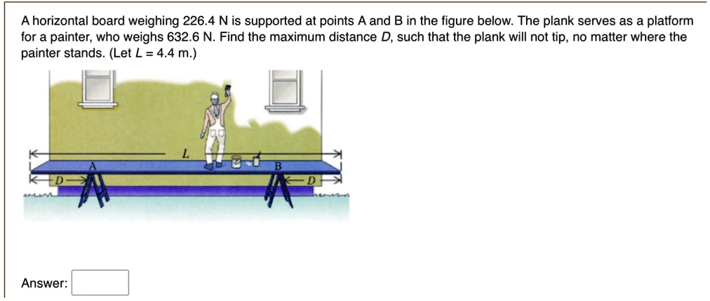SOLVED: A horizontal board weighing 226.4 N is supported at points A ...