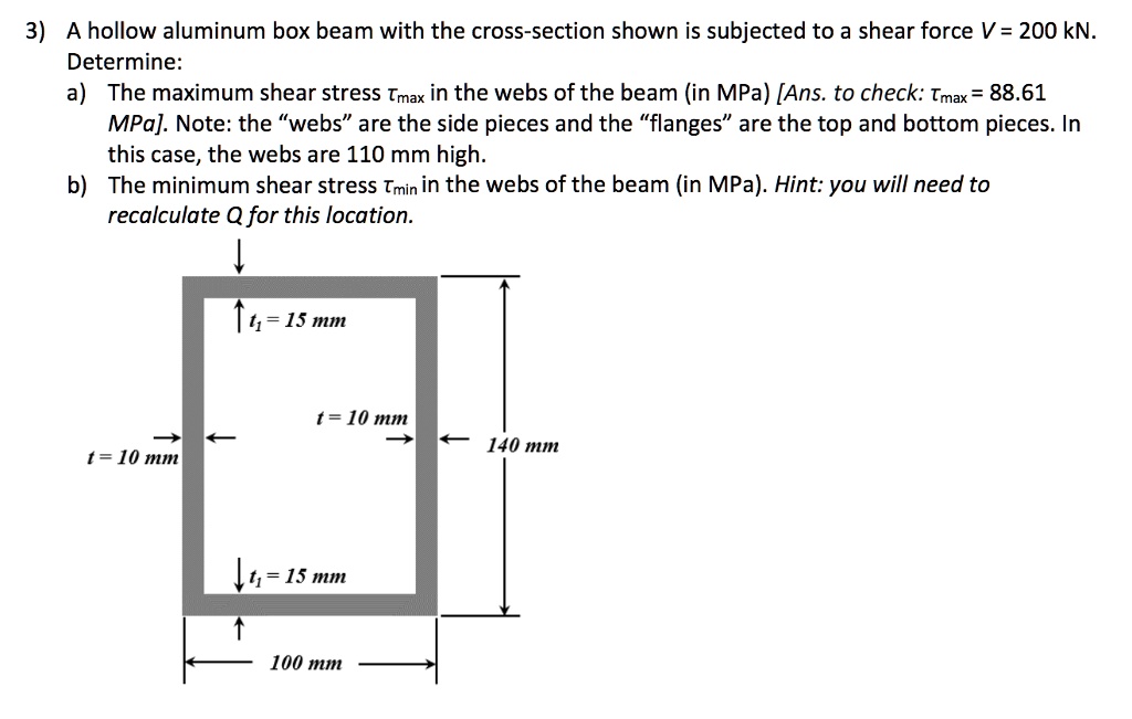 SOLVED: A hollow aluminum box beam with the cross-section shown is subjected to a shear force V ...