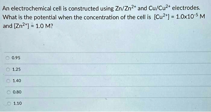 SOLVED:An electrochemical cell is constructed using Zn/Zn2+ and Cu/Cu2 ...