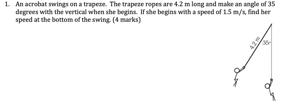An acrobat swings on a trapeze: The trapeze ropes are 4.2 m long and ...