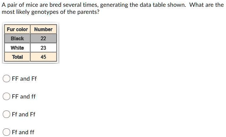 A pair of mice are bred several times, generating the data table shown ...