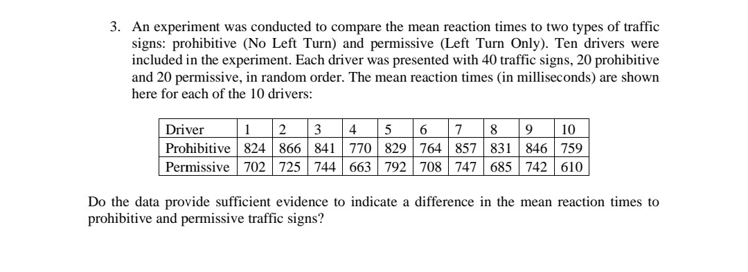 SOLVED: 3. An experiment was conducted to compare the mean reaction ...
