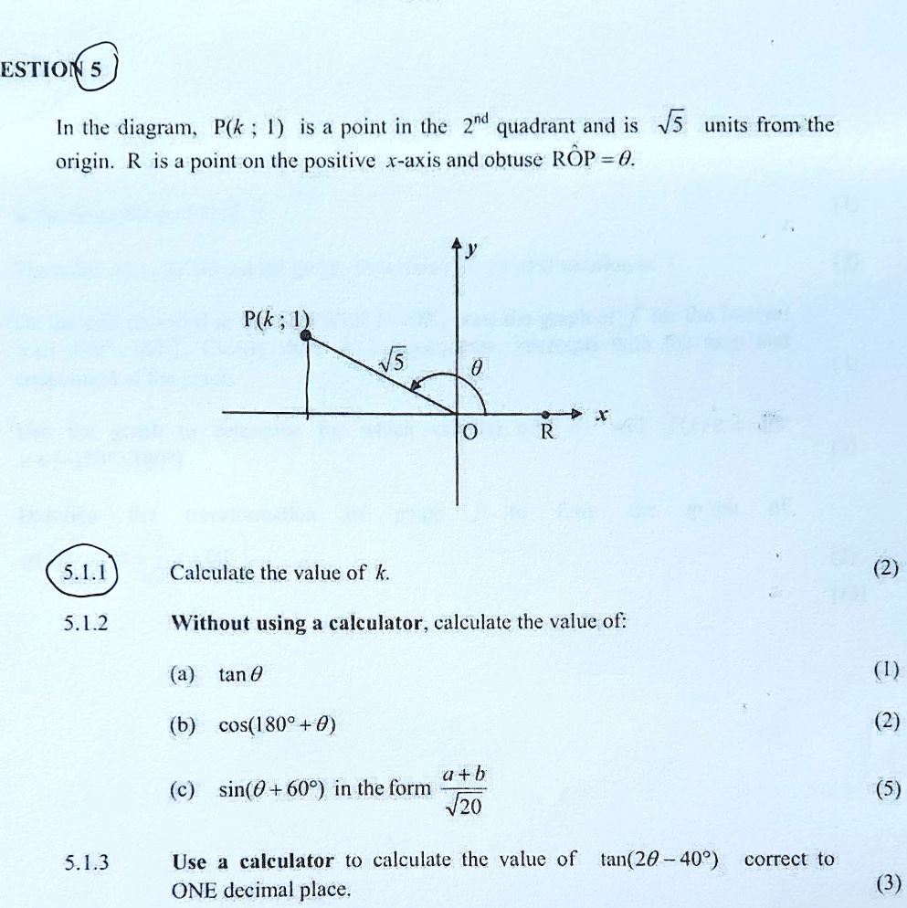 SOLVED: ESTION 5 In the diagram; P(k 1) is a point in the 2"d quadrant ...