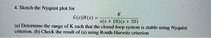 SOLVED: Sketch the Nyquist plot for K G(s)H(s) = s^2 + 10s + 20. a ...
