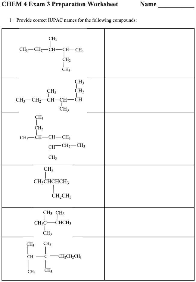 Chem 4 Exam 3 Preparation Worksheet Name 1 Provide Correct Iupac Names