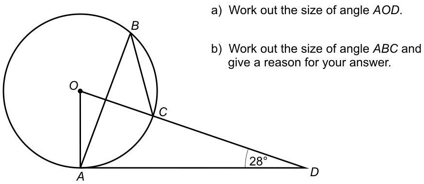 SOLVED: a) Work out the size of angle AOD. b) Work out the size of ...
