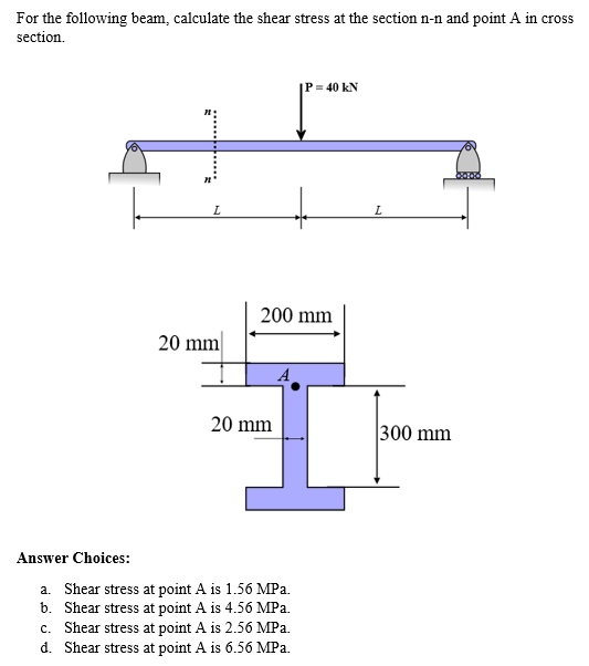 SOLVED: For the following beam, calculate the shear stress at the section n-n and point A in ...