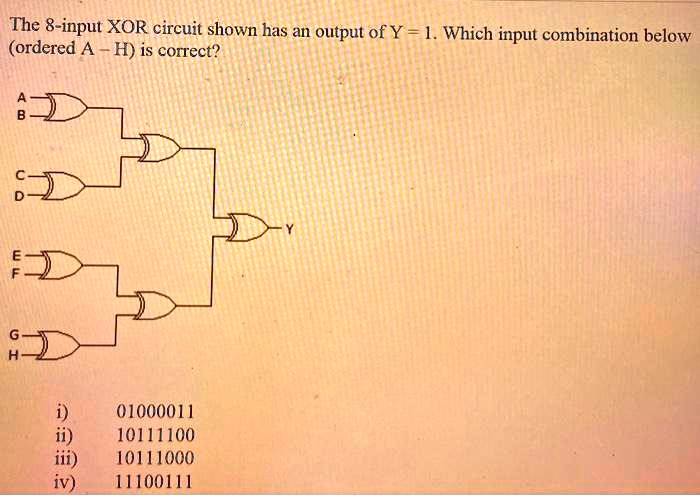 SOLVED: The 8-input XOR circuit shown has an output of Y=1. Which input ...