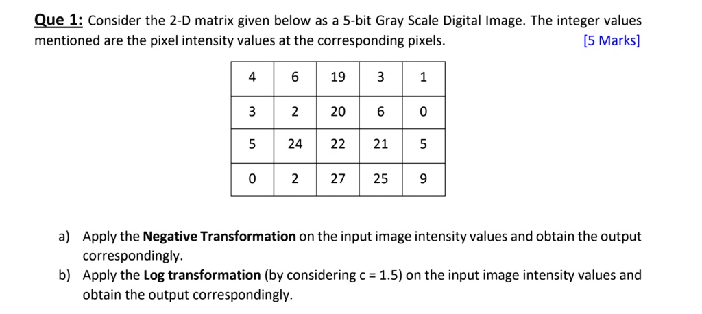 Question 1: Consider the 2-D matrix given below as a 5-bit Gray Scale Digital Image. The integer ...