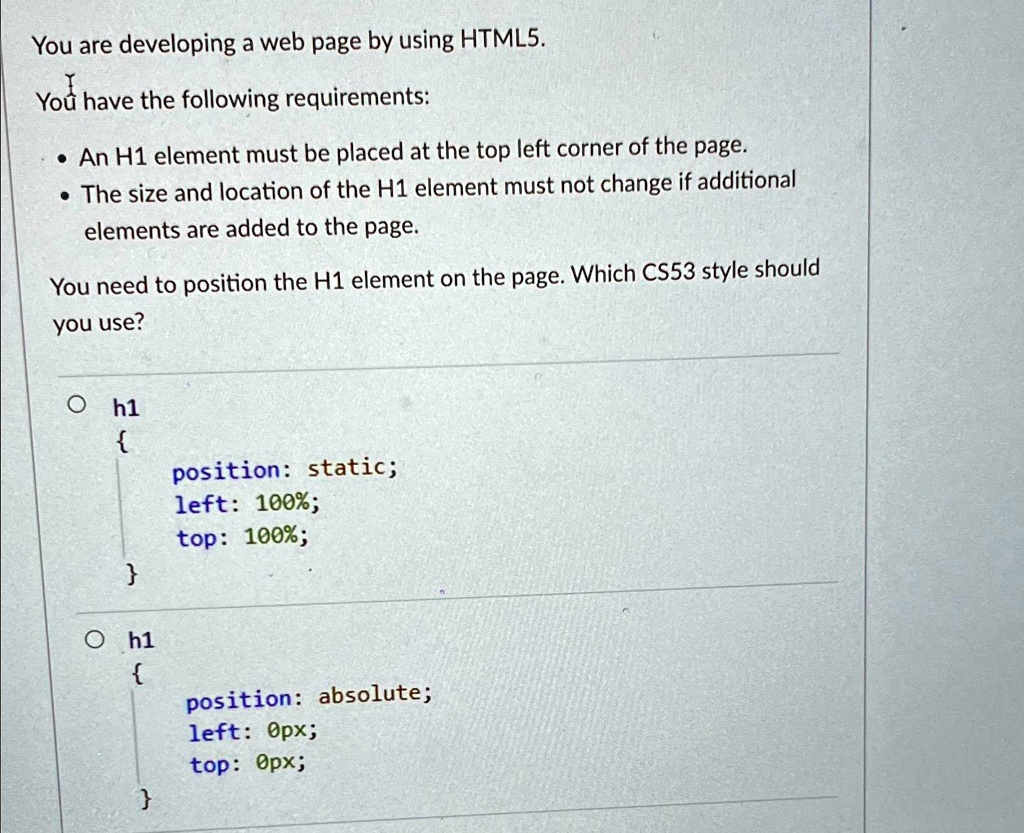 You are developing a web page by using HTML5. You have the following ...