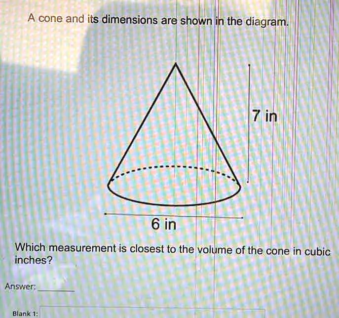 A cone and its dimensions are shown in the diagram. 7 in 6 in Which ...