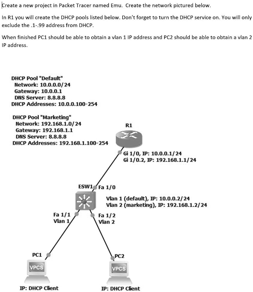 Create a new project in Packet Tracer named Emu. Create the network pictured below. In R1 you ...