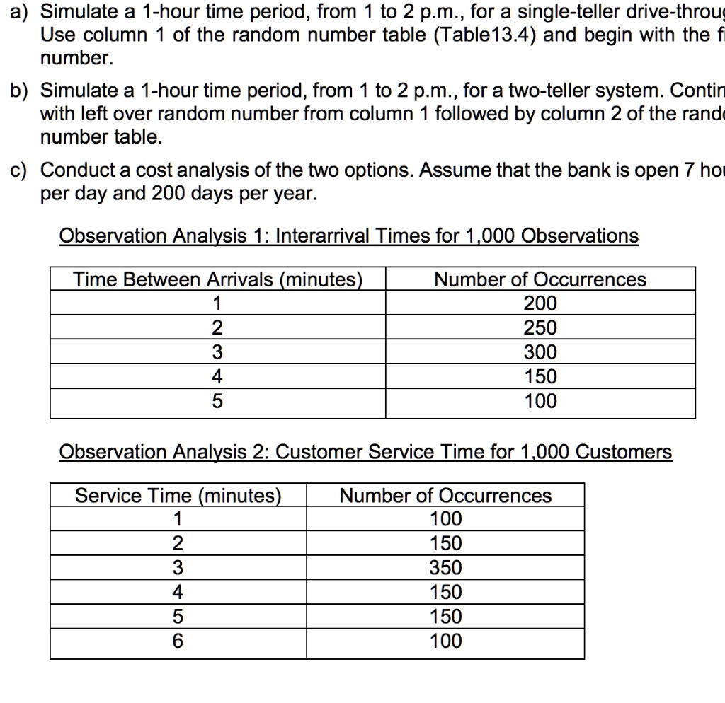 SOLVED: a) Simulate a 1-hour time period, from 1 to 2 p.m., for a single-teller drive-throu Use ...