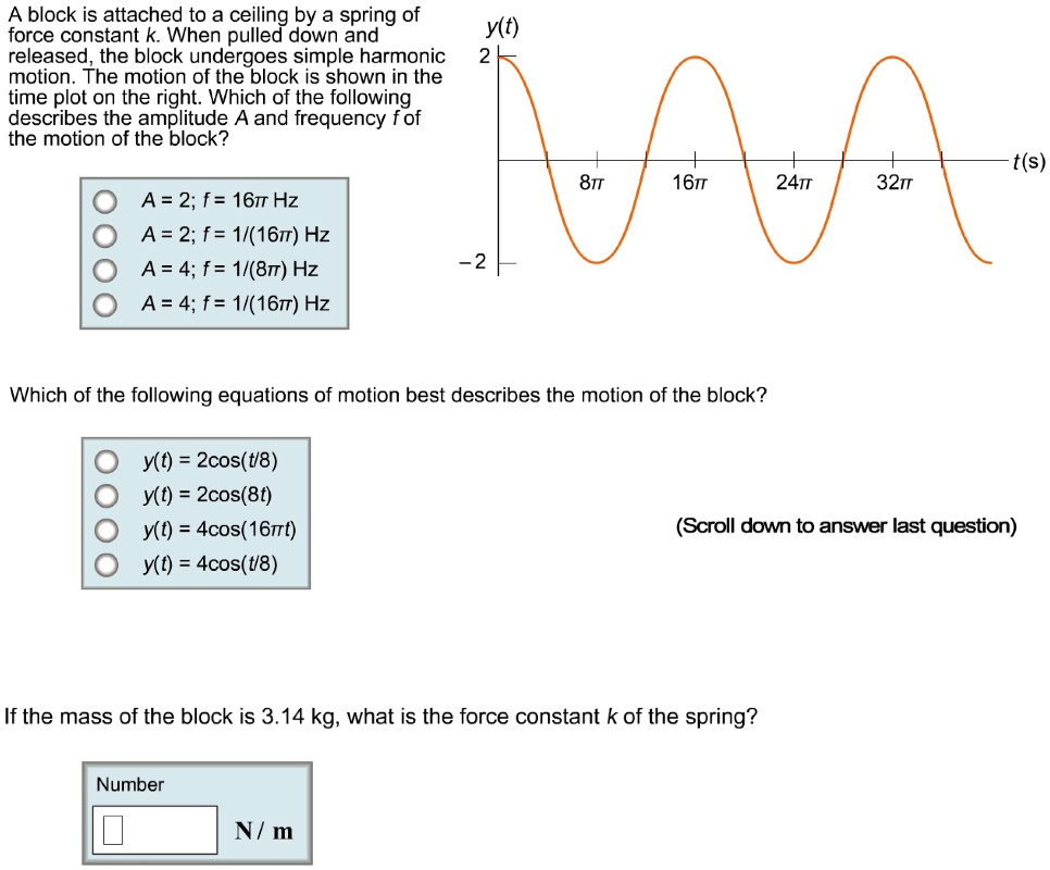 a block is attached to a ceiling by a spring of force constant k when pulled down and ...
