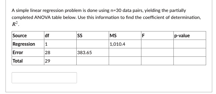 SOLVED: A simple linear regression problem is done using n-30 data pairs, yielding the partially ...