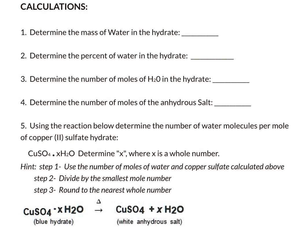 calculations 13 determine the mass of water in the hydrate 2 determine ...