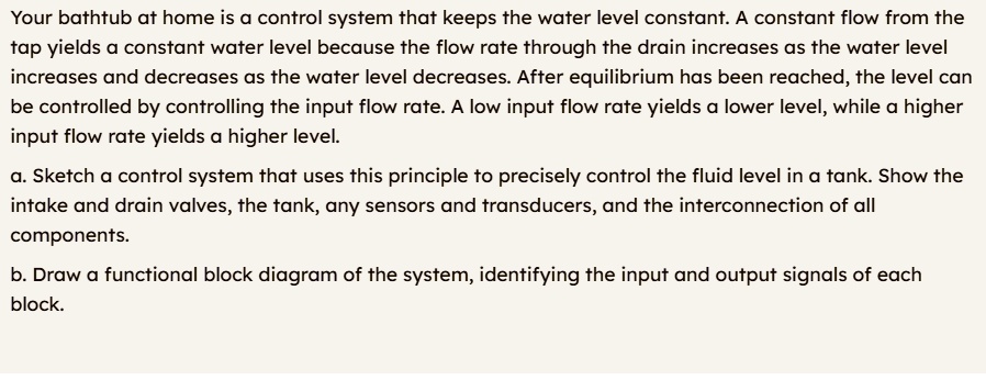 [GET ANSWER] Your bathtub at home is a control system that keeps the ...