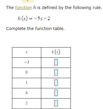 The function h is defined by the following rule hx=-5x-2 Complete the ...