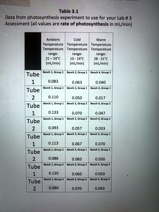 table 31 data from photosynthesis experiment to use for your lab 3 ...
