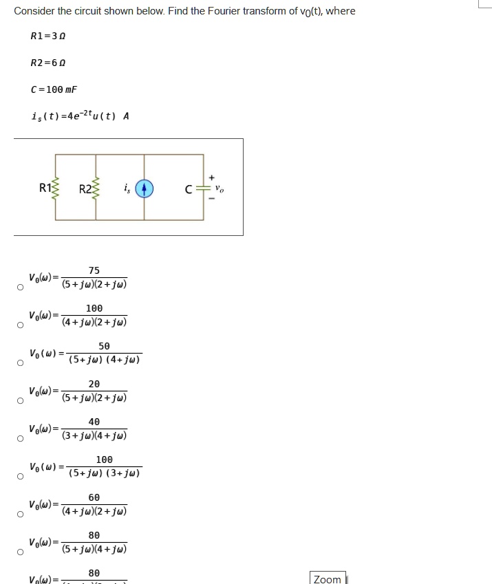 SOLVED: Consider the circuit shown below. Find the Fourier transform of v0(t), where R1 = 3 R2 ...