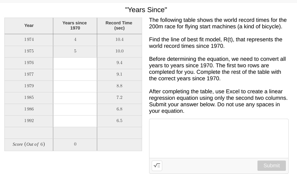 [GET ANSWER] years since the following table shows the world record ...