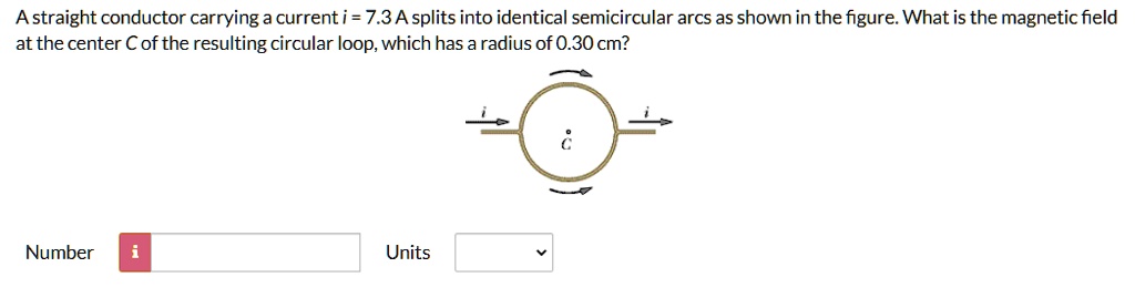 SOLVED: A straight conductor carrying a current 7.3 A splits into ...