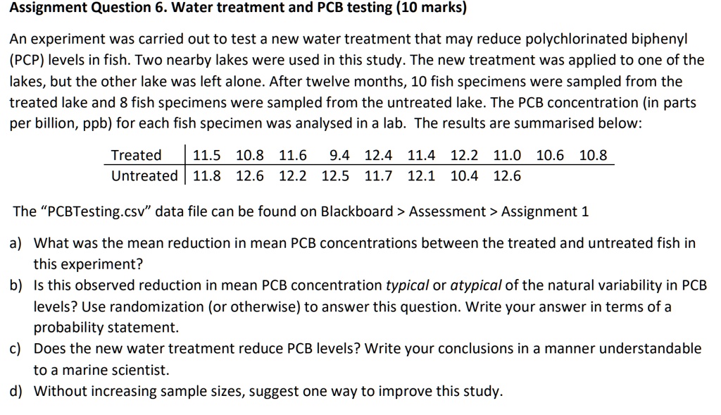 Assignment Question 6. Water treatment and PCB testing (10 marks) An ...