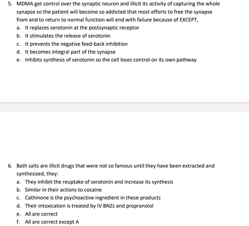 SOLVED: 5. MDMA gains control over the synaptic neuron and elicits its ...