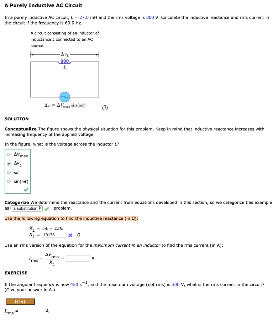Purely Inductive Ac Circuit Purely Inductive Ac Circuit L 270 Mh And The Rms Voltage Is 300 V