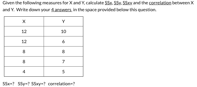SOLVED: Given the following measures for X and Y, calculate SSx, SSy ...