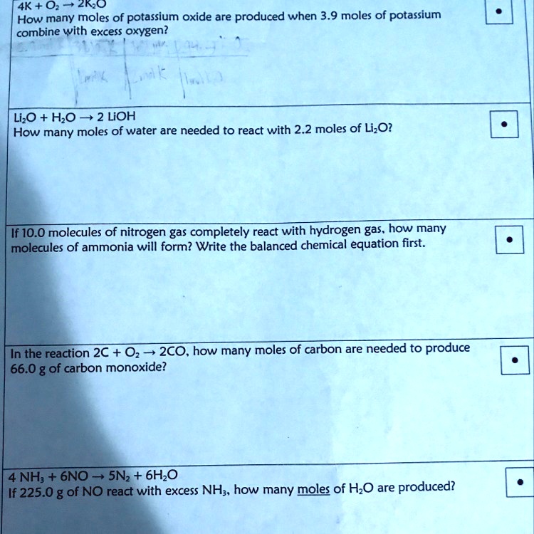 4K + O2 ? 2K2O How many moles of potassium oxide are produced when 3.9 ...
