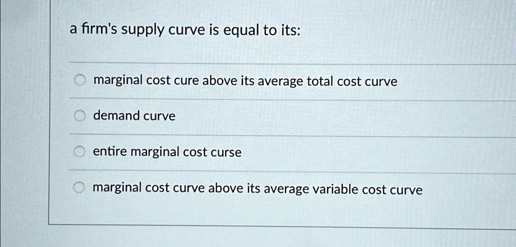 SOLVED: a firm's supply curve is equal to its: marginal cost cure above ...