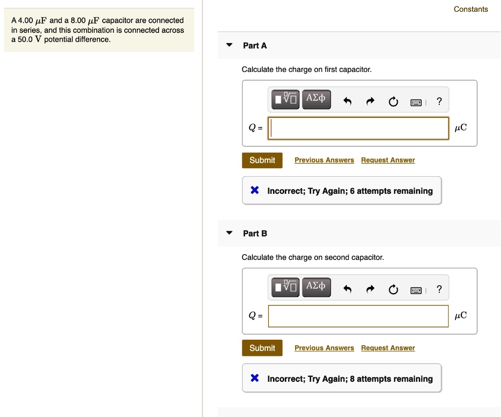 SOLVED:Constants A4.00 pF and a 8.00 pF capacitor are connected in series; and this combination ...