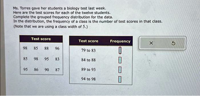 SOLVED: Ms. Torres gave her students a biology test last week. Here are ...