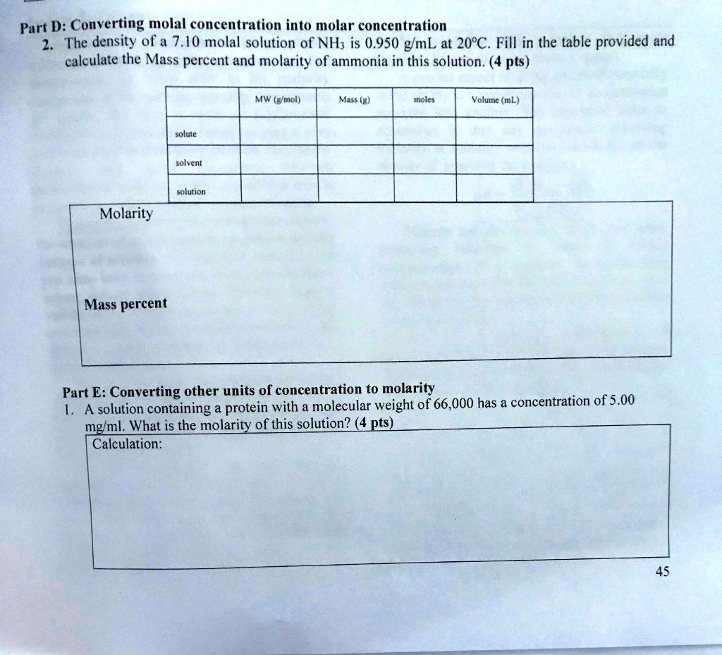 SOLVED: Part D: Converting molal concentration into molar concentration ... SOLVED: Part D: Converting molal concentration into molar concentration ...