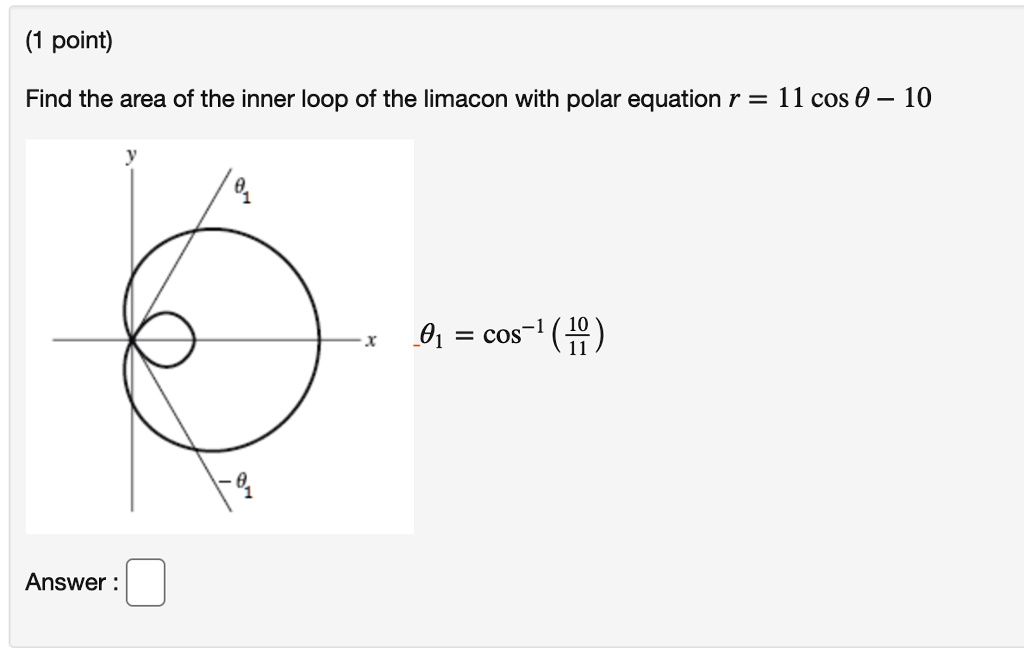 SOLVED: point) Find the area of the inner loop of the limacon with polar equation r = 1l cos 0 ...