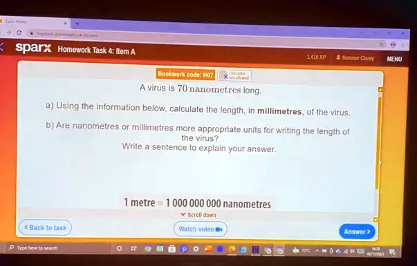 sparx Homework Task 4: Item A Bookwork code: H07 1,416 XP Summer Clarey MENU A virus is 70 ...
