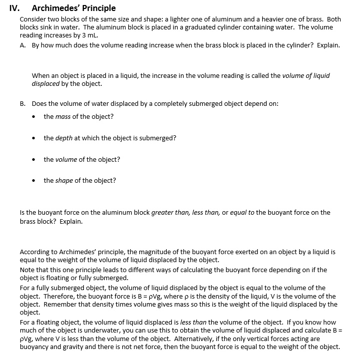 Archimedes' Principle Consider two blocks of the same size and shape: a ...