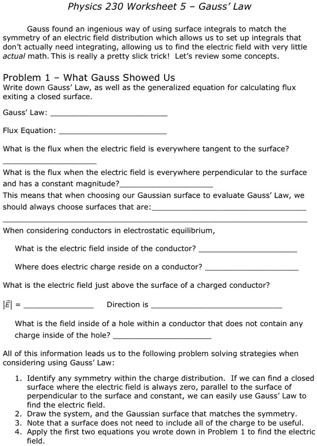 physics 230 worksheet 5 gauss law gauss found an ingenious way of using ...
