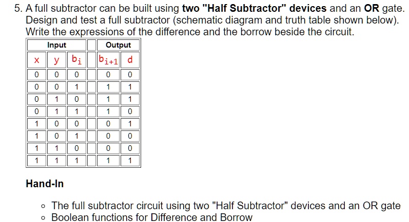 5. A full subtractor can be built using two "Half Subtractor" devices ...