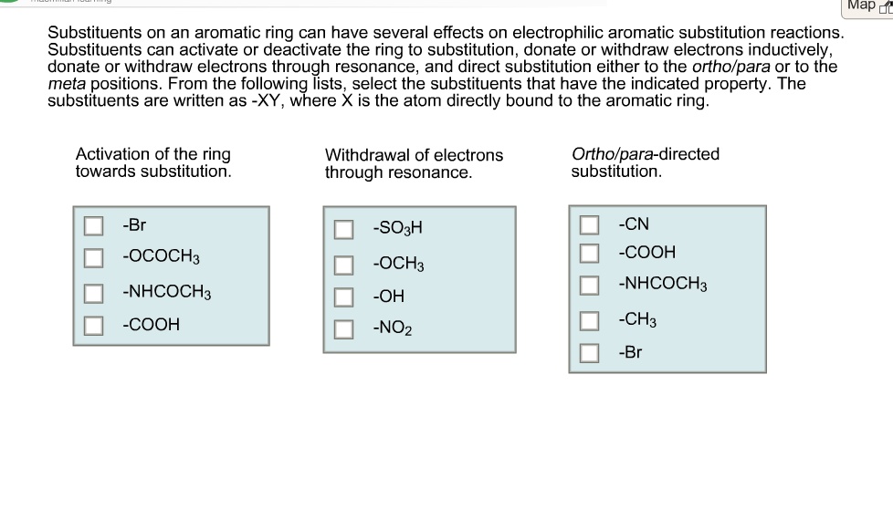 SOLVED: Map Substituents on an aromatic ring can have several effects ...