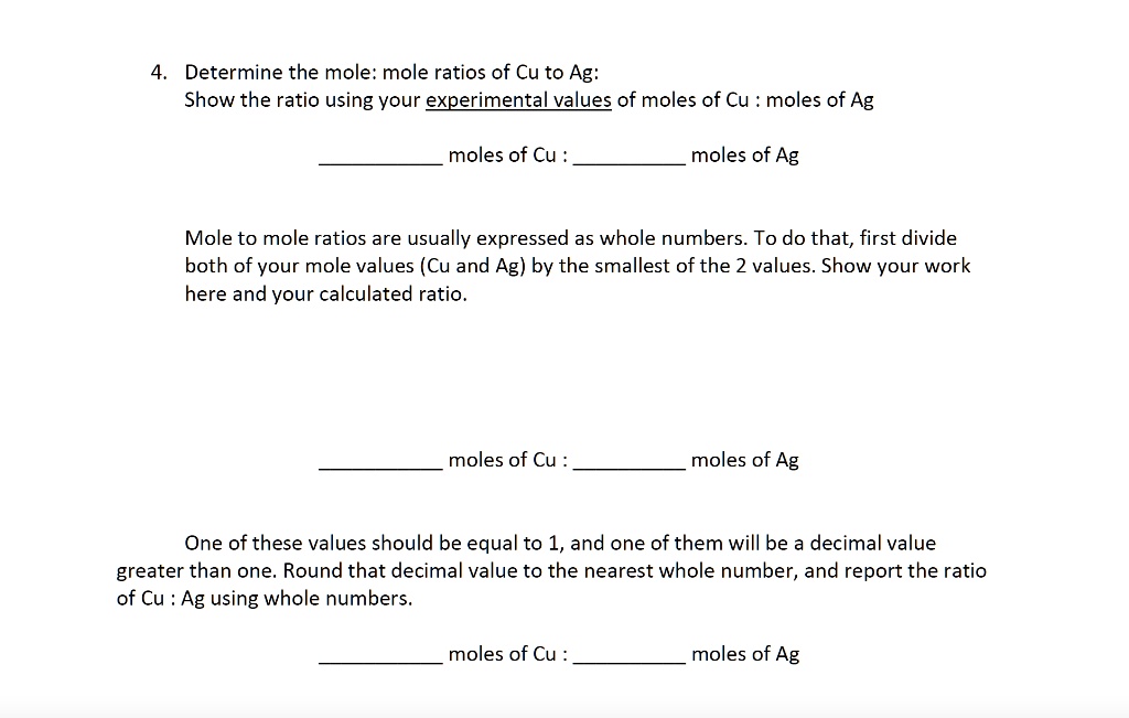 [GET ANSWER] determine the mole mole ratios of cu to ag show the ratio ...