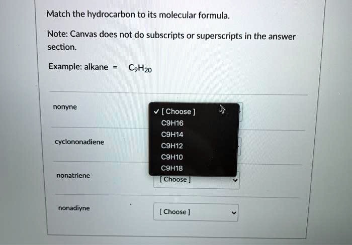 SOLVED: Match the hydrocarbon to its molecular formula Example: alkane ...