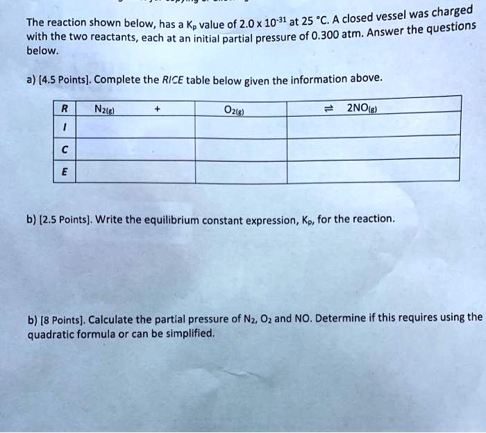 SOLVED: The vessel was charged with the reaction shown below, which has ...