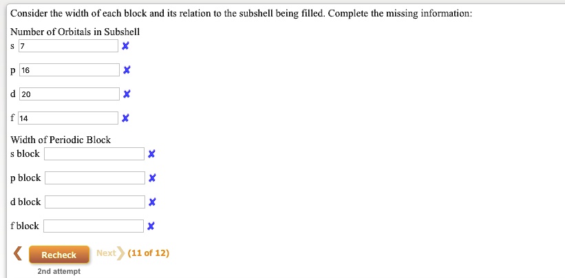 Consider the width of each block and its relation to the subshell being filled. Complete the ...