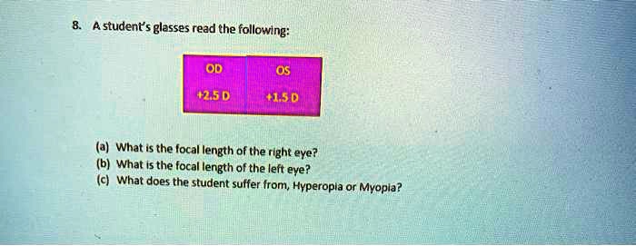 A student glasses read che following od 1250 t150 a what the...