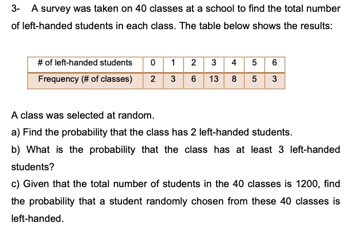 a survey was taken on 40 classes at a school to find the total number ...
